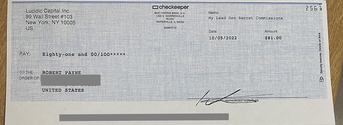 My First Ever Commission Check From MyLeadGenSecret